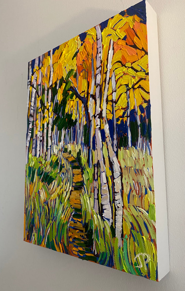 Golden Birch Trees Along the Path – Jennifer Prevost Art